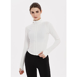 Gihuo Women's Athletic Full Zip Lightweight Workout Jacket Cropped Gym Yoga Track Jacket with Thumb Holes (White, Medium)