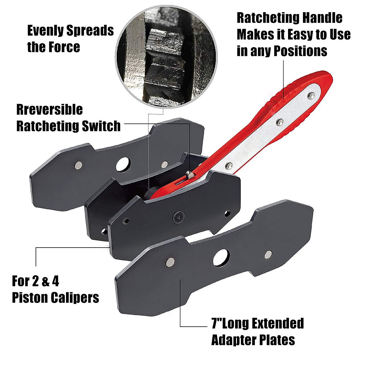 JOJOY LUX Brake Caliper Press Tools, 360 Degree Automotive Swing Ratchet Expander Wrench Brake Pad Spreader Tool with Extra 2PCS Large Plates for Single Twin Quad Sextuplet Piston Disc Brake Caliper