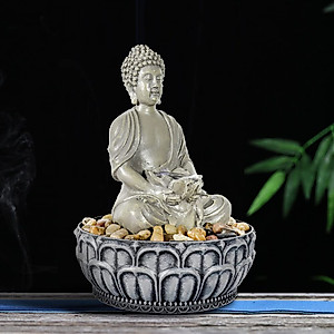 BBabe 11.4inches Sitting Buddha Fountain, Led Indoor Waterfall Fountain Fengshui Meditation Relaxing Decor for Home Office