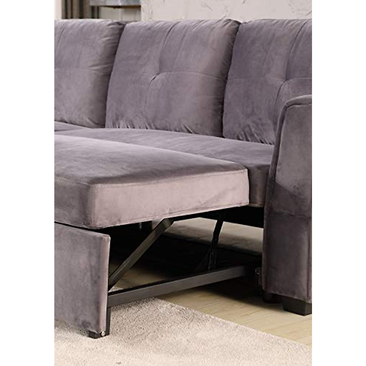Legend Furniture Velvet Chaise Storage Reversible Sofa Bed Sleeper Sectional, 91", Grey