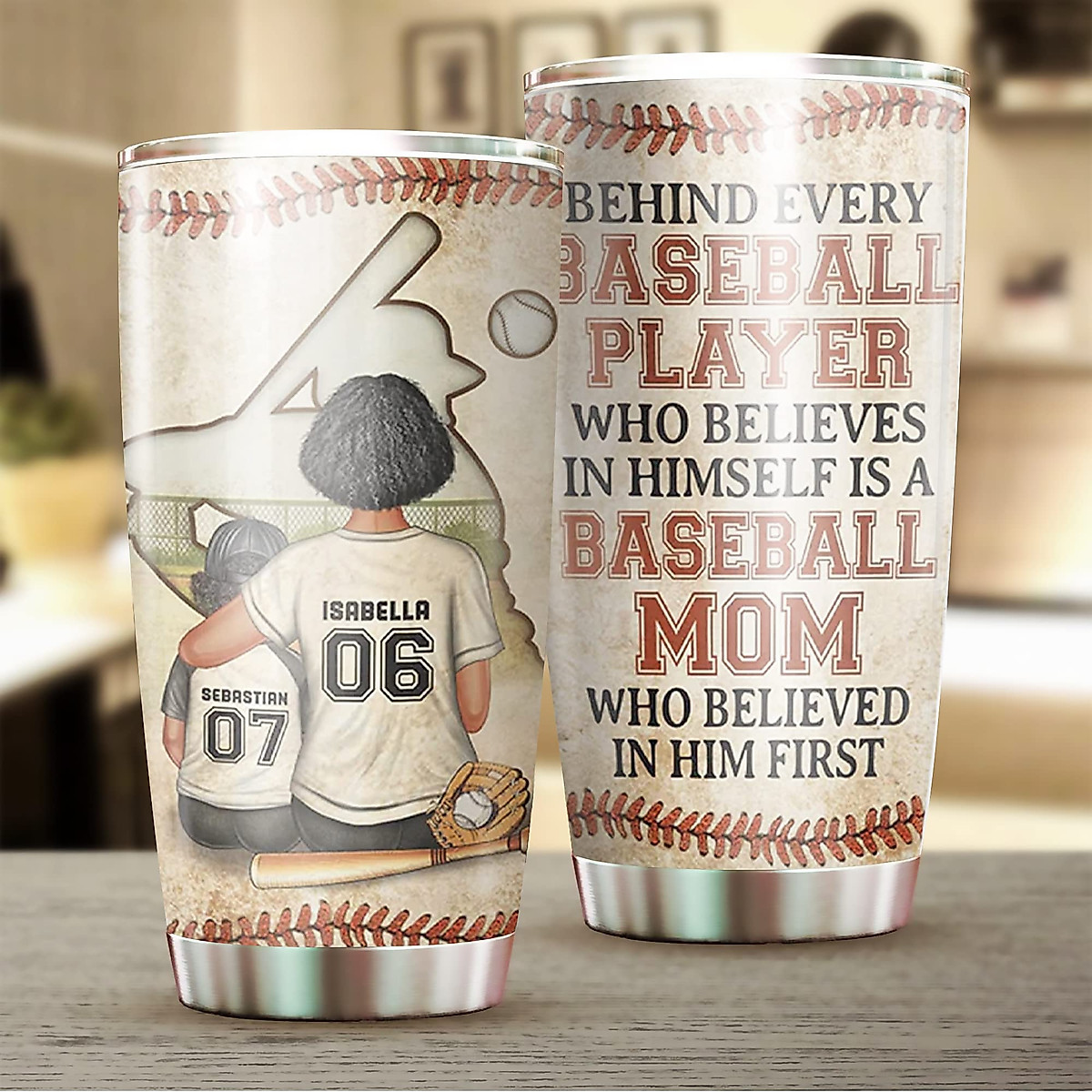 QDArtStore Personalized Baseball Mom And Son Tumbler Behind Every Baseball Player Who Believes In Himself Mother's Day Gift For Mom Mother Baseball Lover From Son Daughter on Mother's Day Birthday