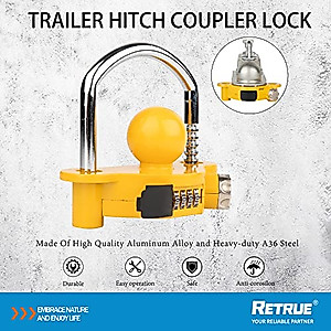RETRUE Universal Coupler Lock Trailer Locks Ball Hitch Trailer Hitch Lock Adjustable Security Heavy-Duty Steel fits 1-7/8 Inch, 2 Inch, 2-5/16 Inch Couplers, Yellow, Combination Lock,No Key Needed