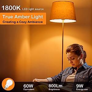 YukiHalu LED Amber Light Bulbs, A19 1800K E26 800Lm, 60W Equivalent Soft Warm Sleep Light Bulbs for Healthy Sleep, Baby Nursery Light, Bedroom Night Light, Not-Dim, 2-Pack