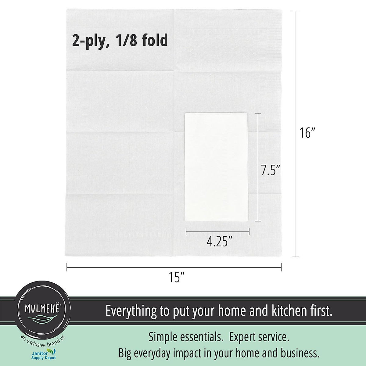 MULMEHË Premium 2-Ply 1/8 Fold Dinner Napkin for Restaurants, Catering, Home, and Events, 15x16", White, 150 Pack
