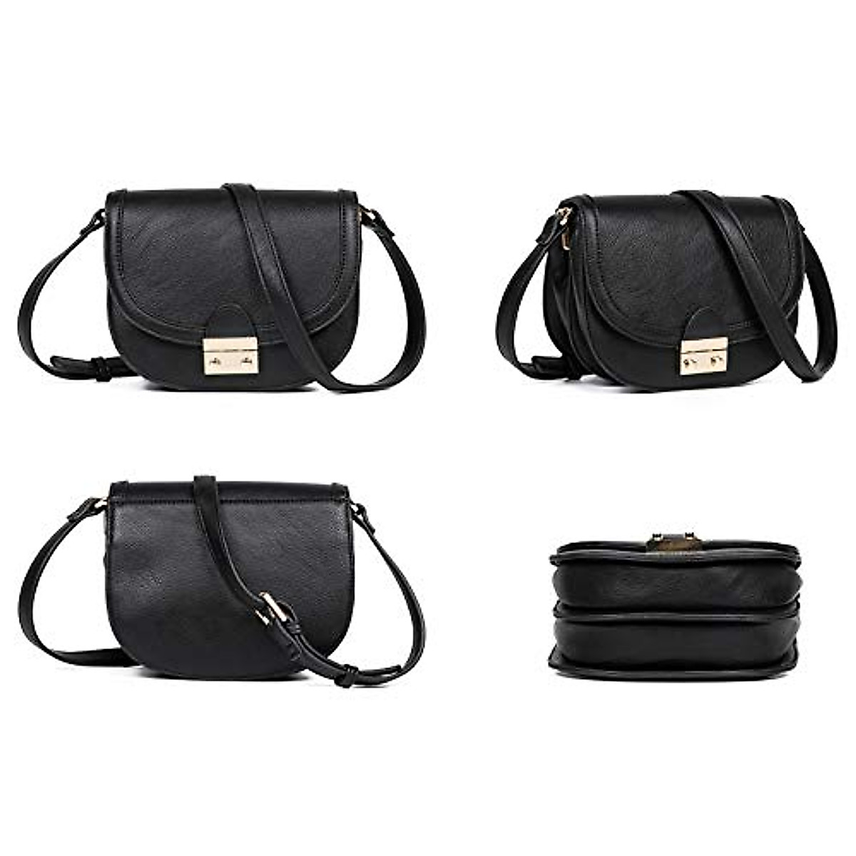 FEVERSOLE Crossbody Bag PU Leather Women Retro Small Saddle Satchel Shoulder Bag Tote With Long Adjustable Strap Black