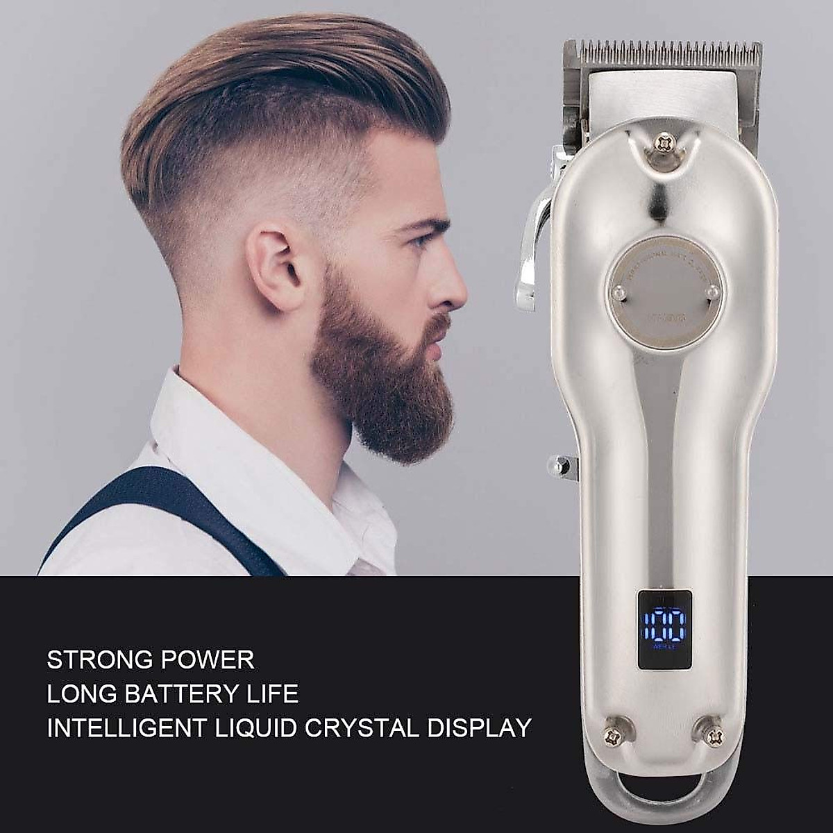 Akozon Hair Clipper Beard Trimmer for Men Professional Cordless LCD Display Intelligent Hair Cutting Kit for Facial Hair Grooming Trimmer with Guide Comb Adapter Cleaning Brush