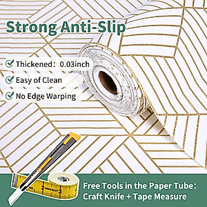 Shelf Liners for Kitchen Cabinets 12in x 20FT, Non Adhesive Cabinet Liner Strong Non-Slip Thickened Gold Geometric Drawer Liner, Easy to Clean for Shelf, Cabinet with Knife and Tape Measure