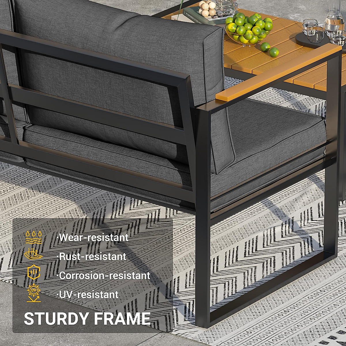 UDPATIO Metal Outdoor Patio Furniture Set, Modern Outdoor Conversation Furniture Sets w/Coffee Table, Sectional Furniture with Thick, Washable and High-Resiliency Sponge Cushions, Deep Grey, 4 PCS