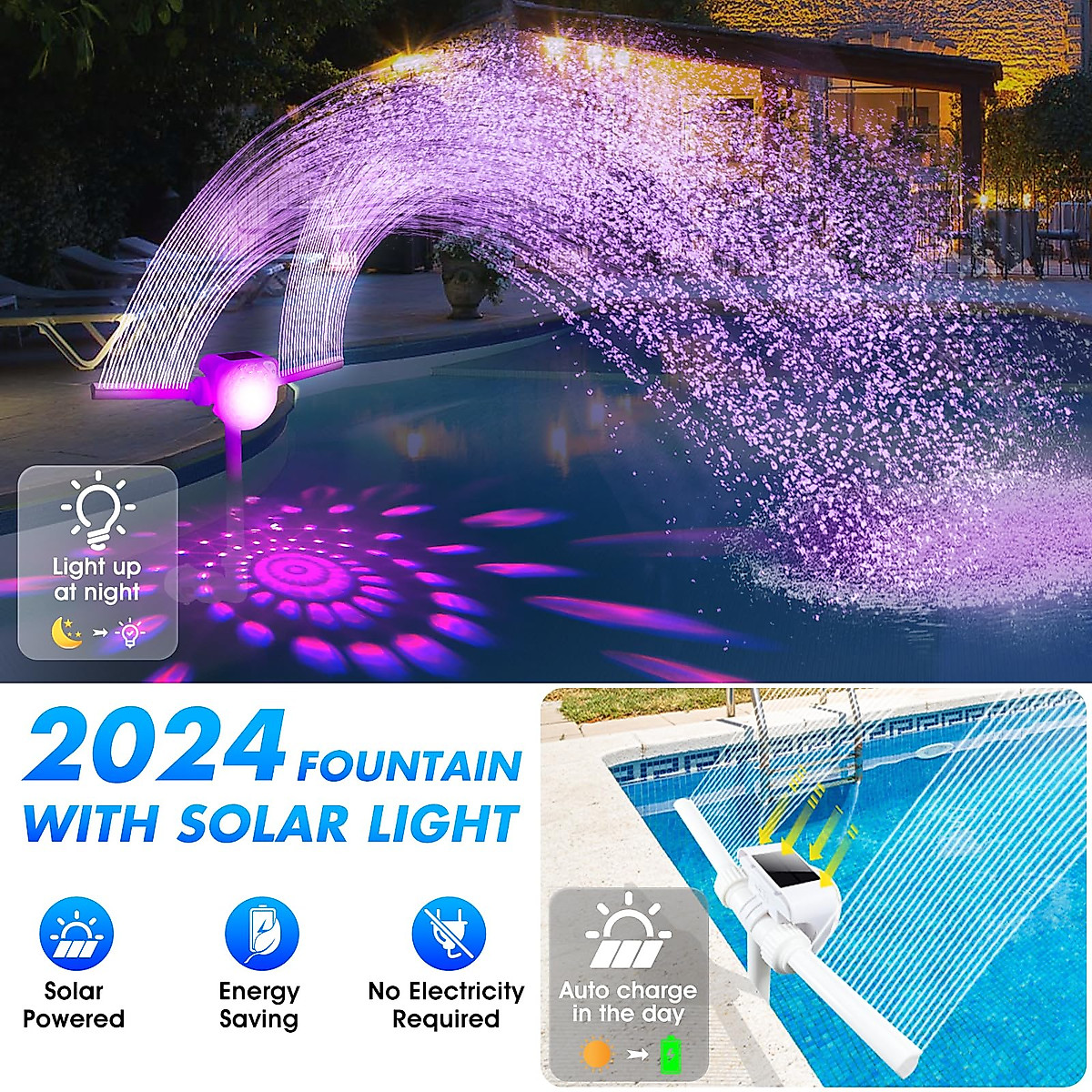 Pool Fountain with Solar Pool Light Show,Adjustable Dual Spray Sprinkler Pool Fountain for Inground Pool Waterfall,Swimming Pool Water Fountain,Fun Pool Waterfall Sprayer for Pool Cooling Fountain