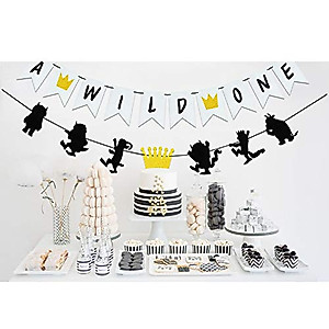 MOAXMOA Wild One Banner and Wild Things Banner Birthday Theme Party Supplies Baby Shower Photo Prop Decorations 17PCS Glitter Gold Silver and Black