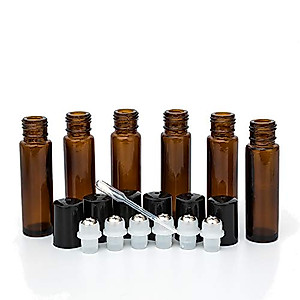 ZEJIA 10ml Roller Bottles 6Pack Amber Thick Glass Essential Oil Roller Bottles Stainless Steel Roller Ball with 2 Droppers