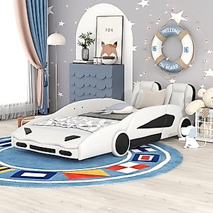 Acosure Twin Size Boys Car Bed,Race Car-Shaped Platform Wooden Bedframe with Wheels & Both Sides,Slat Support,Toy Furniture for Kids Toddlers Child's Bedroom,White