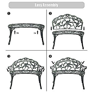 Giantex Outdoor Garden Bench Iron Patio Benches for Outdoors, Porch Bench Chair with Curved Legs Cast Aluminum Rose Antique Style, Green