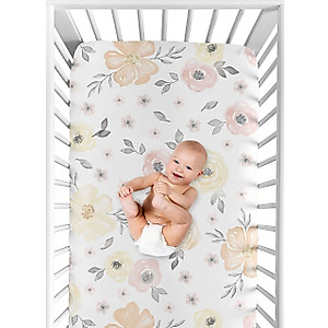Sweet Jojo Designs Yellow and Pink Watercolor Floral Girl Fitted Crib Sheet Baby or Toddler Bed Nursery - Blush Peach Orange Cream Grey and White Shabby Chic Rose Flower Farmhouse