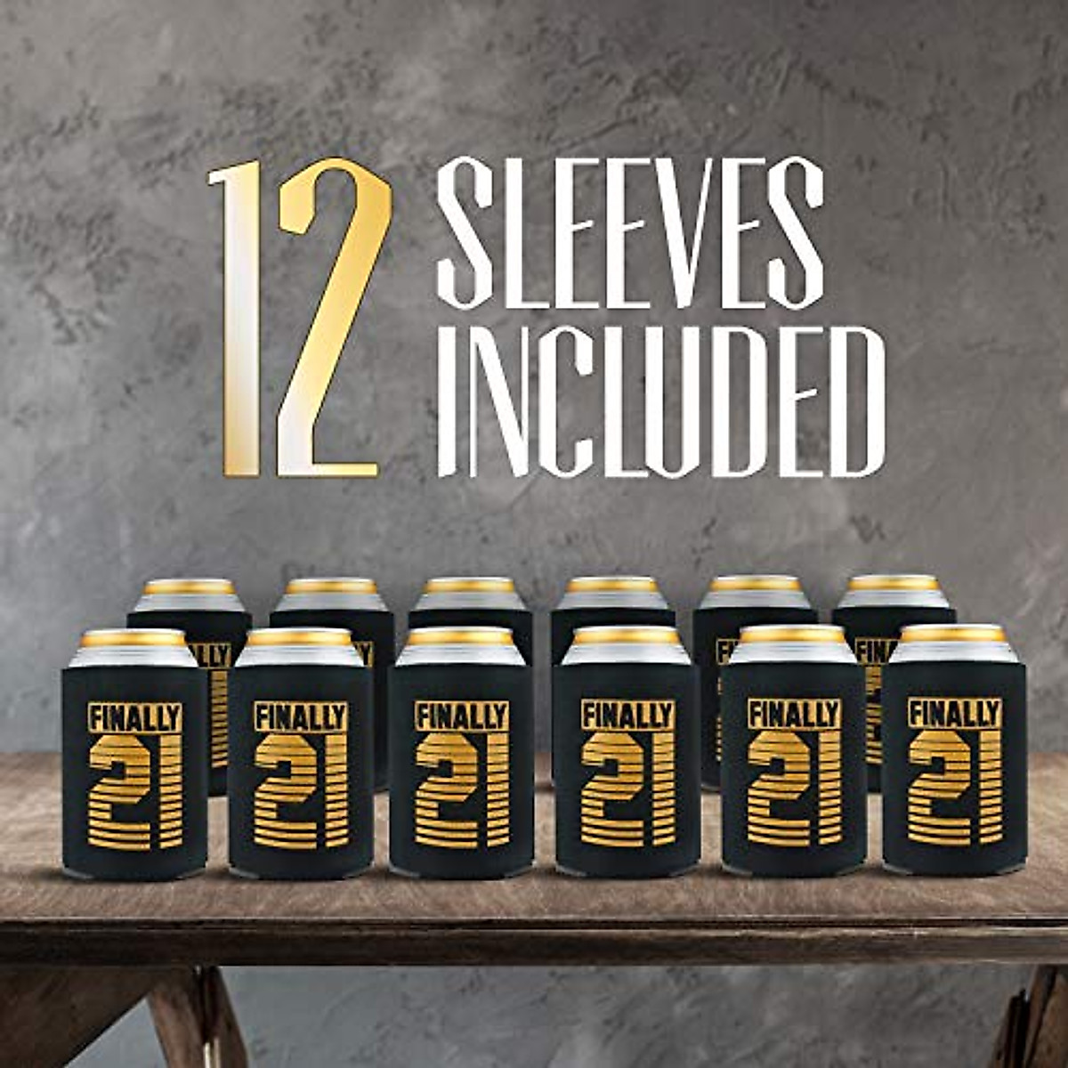 21st Birthday Party Decorations for Him, Insulated Can Coolers for Birthday Party Favors for Men, Soda and Beer Sleeves Birthday Party Supplies for Guys, 12-Pack, Black & Gold