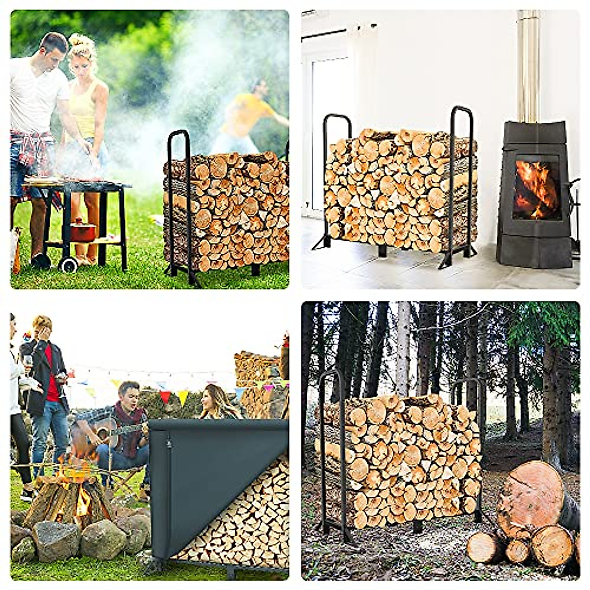 Firewood Rack Outdoor 4 ft, Included Waterproof Cover and Tote Bag, Tubular Steel Wood Log Holder Bearing 2600Ibs, Upgraded Stable Structure Fire Wood Holding Stand Storage Outside Patio Deck
