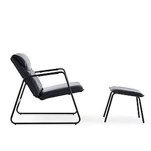 Penifun Accent Chair and Ottoman Set, PU Leather Upholstered Comfy Side Leisure Lounge Armchair with Metal Frame & Lattice Back, Footstool for Living Room, Black