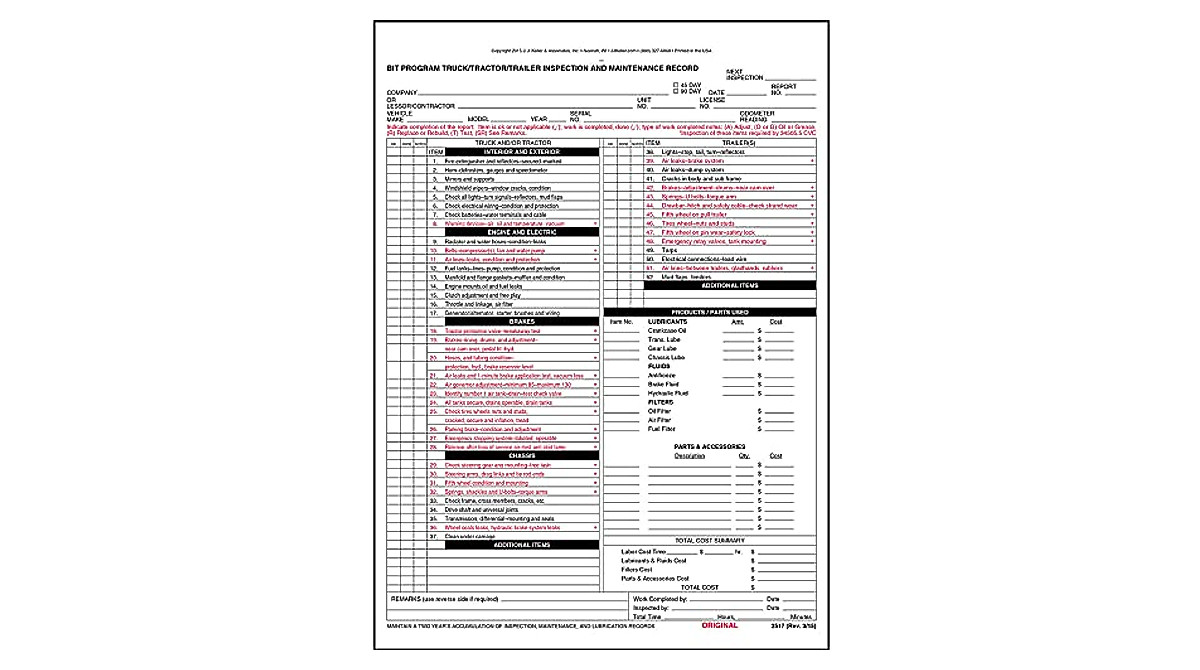 J. J. Keller Truck Inspection Forms for California BIT Program