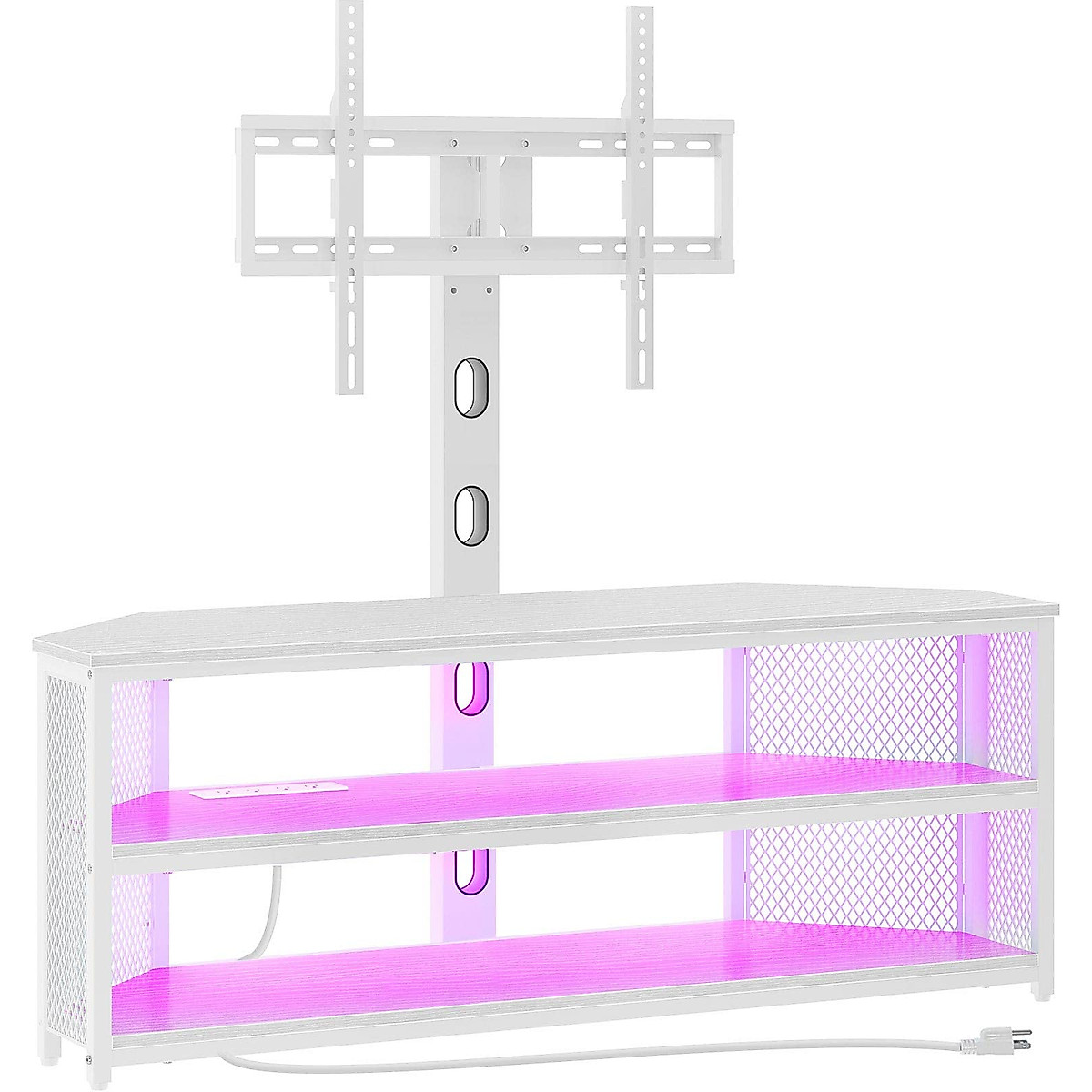 Rolanstar TV Stand with Mount and Power Outlet, Swivel TV Stand Mount with LED Lights for 32/45/55/60/65/70 inch TVs, White Entertainment Center Media Console with Height Adjustable Mount