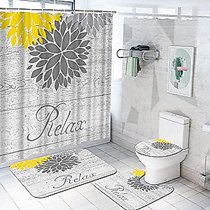DuoBaorom 4 Pieces Set Yellow Grey Flower Shower Curtain Set Dahlia Floral Relax Sign Picture Print on Non-Slip Rugs Toilet Lid Cover Bath Mat and Bathroom Curtain with 12 Hooks 72x72inch