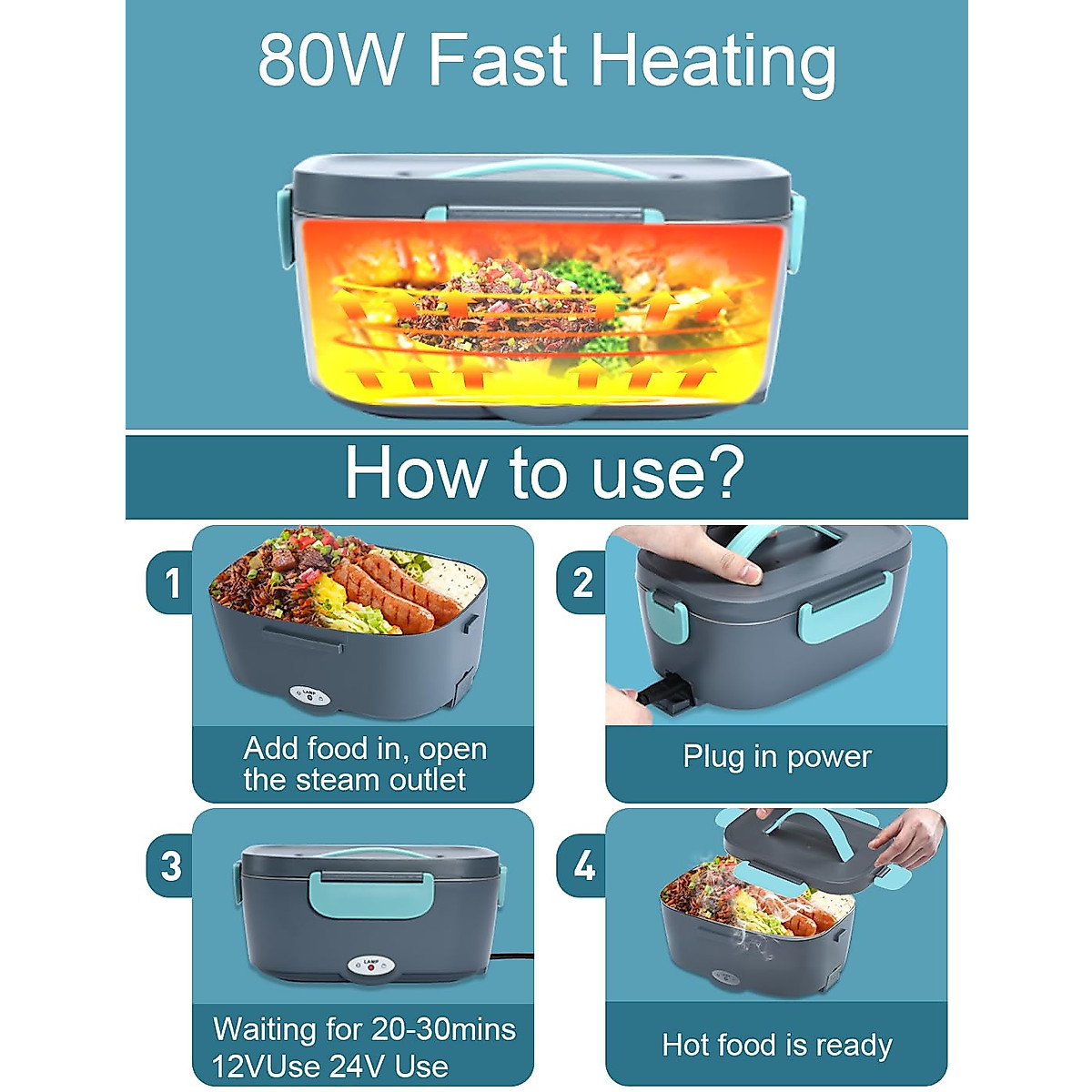 CHARMDOO Electric Lunch Box, 80W Portable Lunch Warmer Food Heater for Adults Car/Truck/Office 12/24/110V, Fast Heating Lunchbox with Leak Proof Lid SS Container, Grayish Blue