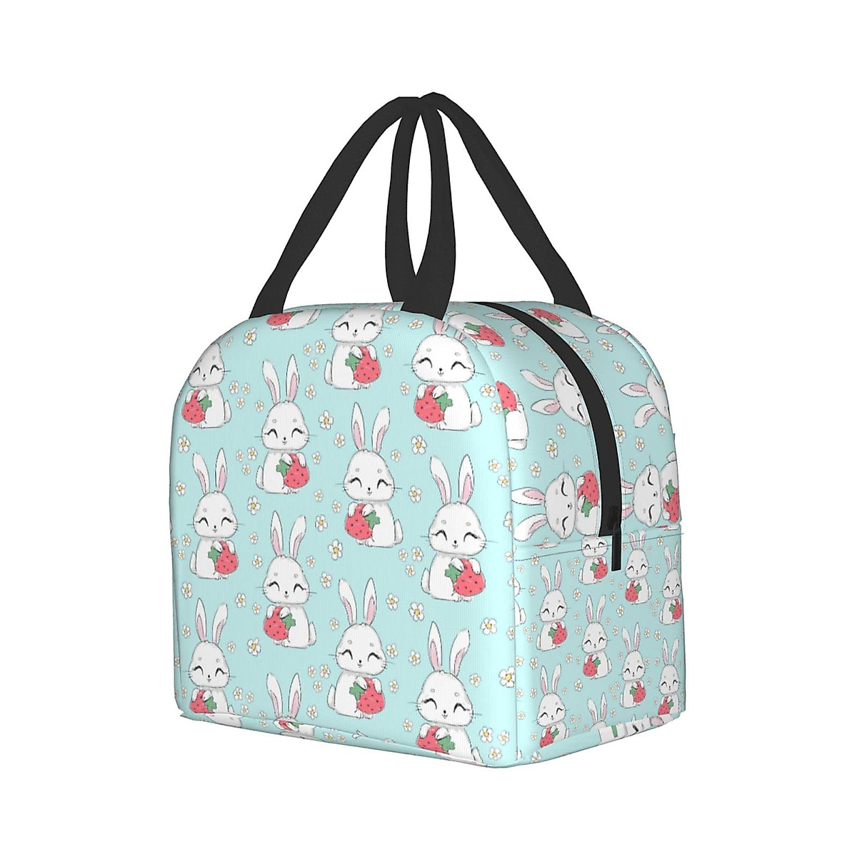 Ucsaxue Cute Bunny With Strawberry And Flowers Lunch Box Reusable Lunch Bag Work Bento Cooler Reusable Tote Picnic Boxes Insulated Container Shopping Bags For Adult Women Men