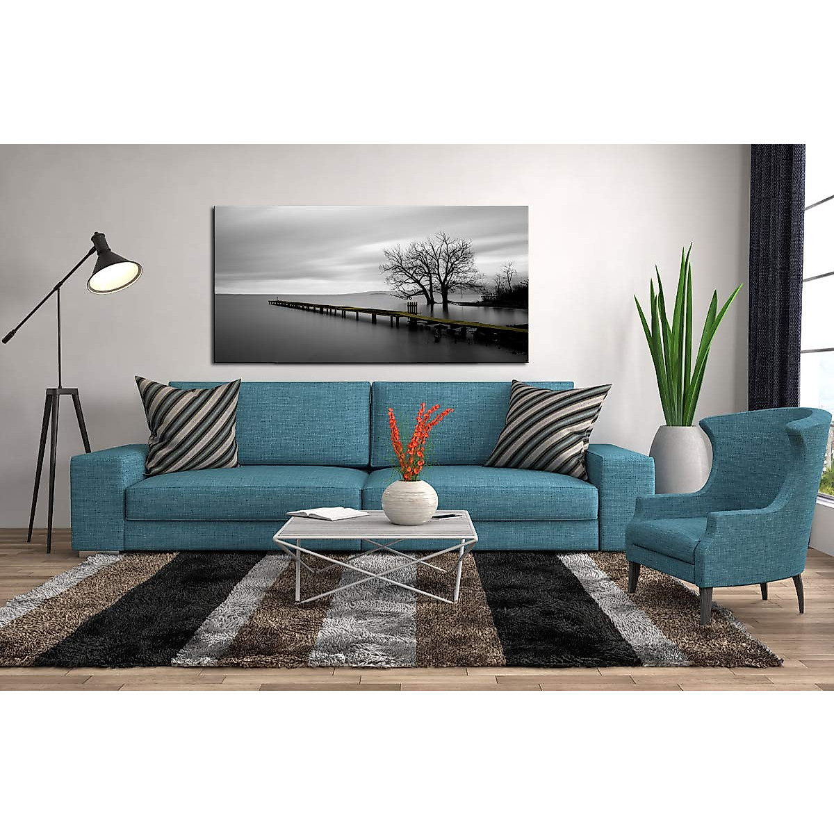 DZL Art S74950 Gray Canvas Prints Modern Minimalist Black and White Lake Trees Landscape Wall Art Painting for Living Room Bedroom Decor Office Wall Decor Home Decoration