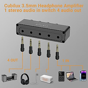 Cubilux 4-Way Headphone Amplifier 3.5mm with Volume Adjustment,Multiple Headphone Jack Splitter for Share Music,Headphone Amplifier for Speaker Earphones Laptop MP3 Player-5V DC Power Supply