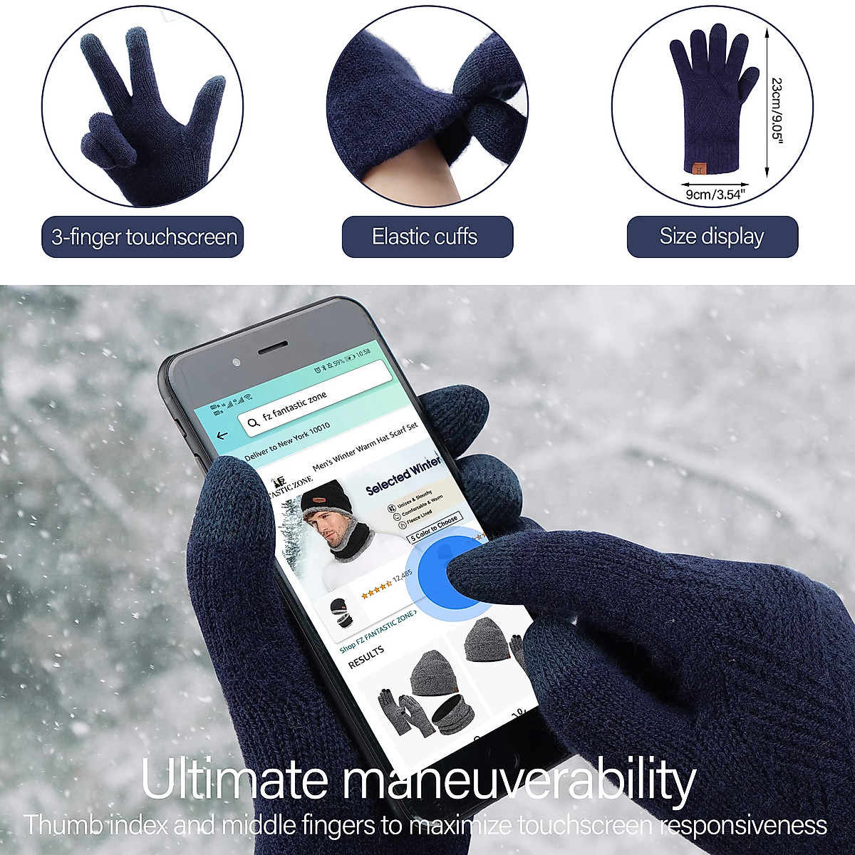 Womens Winter Warm Knit Beanie Hat Long Scarf Touchscreen Gloves Set with Fleece Lined Pom Skull Cap Gifts for Women