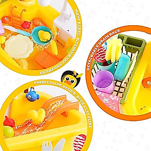 Play Sink with Running Water, Kitchen Sink Toys Play Kitchen Toy with Fake Food & Kitchenware, Pool Floating Fishing Toys for Water Play, Kids Role Play Dishwasher Toy (Duck Sink)
