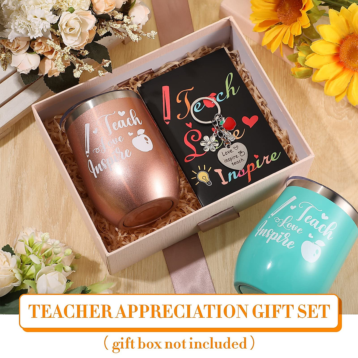 Panitay 12 Pcs Teacher Appreciation Christmas Gifts in Bulk for Women, Teach Love Inspire Tumbler Set 12oz Wine Cup with Mini Journal Notepads Keychains Thank You Gifts Valentine's Day Gifts Set