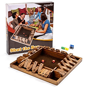 ropoda 14 Inches 4-Way Shut The Box Dice Board Game (2-4 Players) for Kids & Adults [4 Sided Large Wooden Board Game, 8 Dice + Shut-The-Box Rules] Smart Game for Learning Addition – Vintage Style