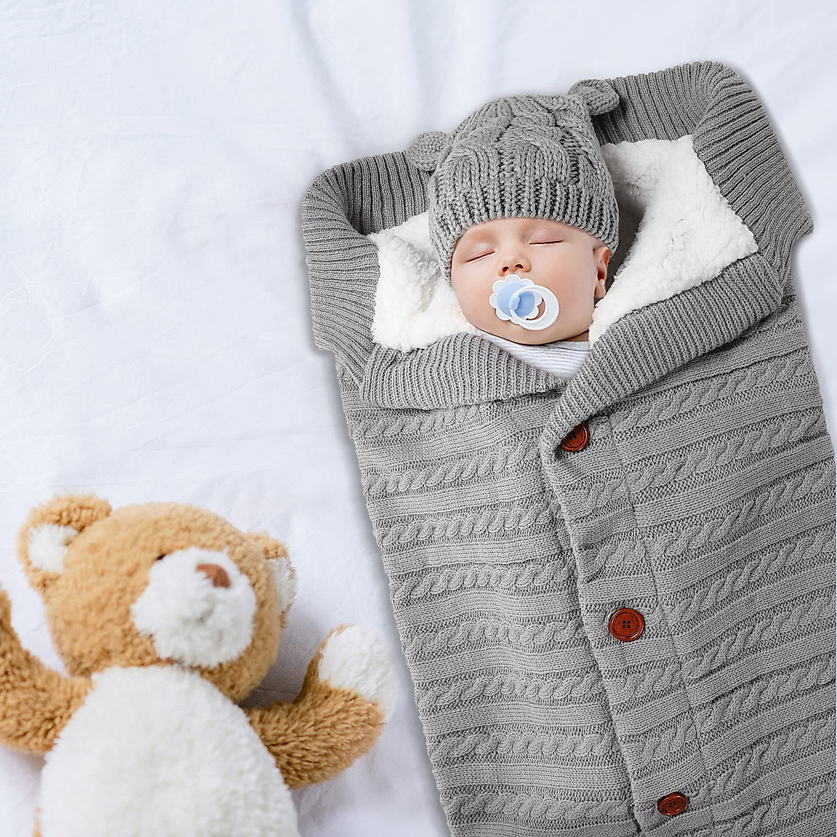 Vicenpal Newborn Baby Wrap Swaddle Blanket Knit Sleeping Bag Receiving Blanket Stroller Wrap for Baby Knitted Hat Gloves Set Beanie Hat and Mittens Unisex Design,Gray