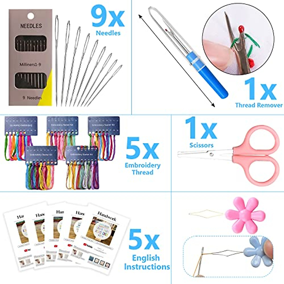 BOZUAN 36 Stitches Embroidery Kit for Beginners, 4 Set Embroidery Stitches Practice Kit, Cross Stitch Kits for Adults with Embroidery Patterns, Beginner Embroidery Kit, Embroidery Kits for Adults