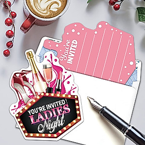 RZHV 15 Pack Pink High Heels & Champagne Shaped Fill-In Invitations Cards With Envelopes for Woman, Funny Birthday Party Mardi Gras New Year Party Costume Party Invite(Ladies Night)