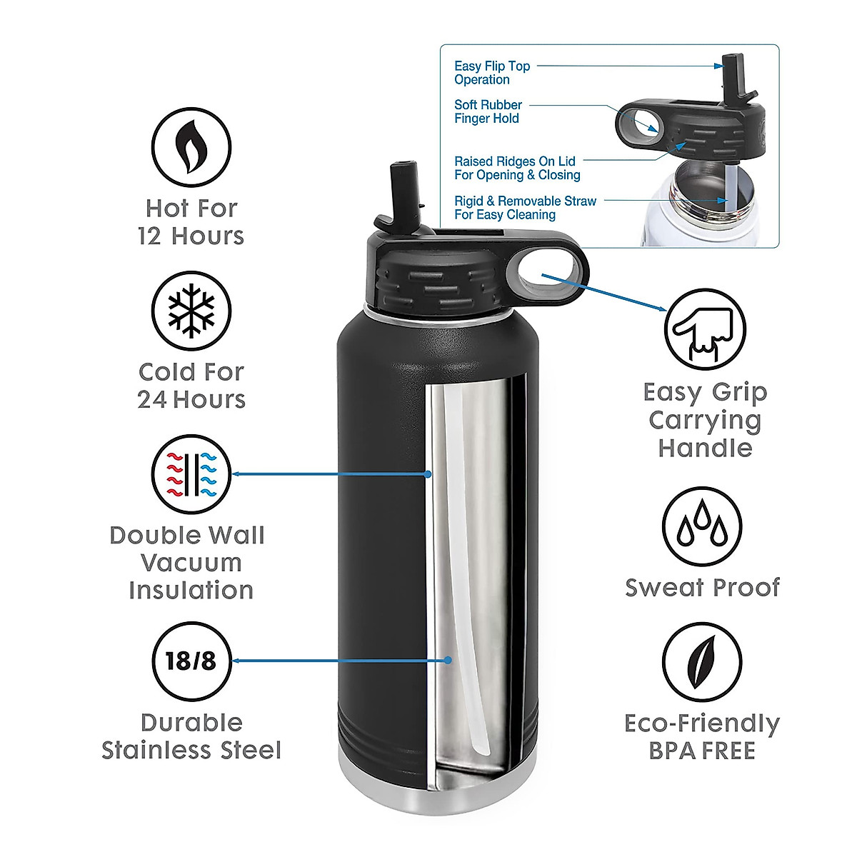Personalized Water Bottles 32oz with Flip-Top Lid and Straw, Customized Vacuum Insulated Flask, Stainless Steel Sports Double Wall Thermos, Your Logo Name and Text Engraved in USA (Black, 32 oz.)