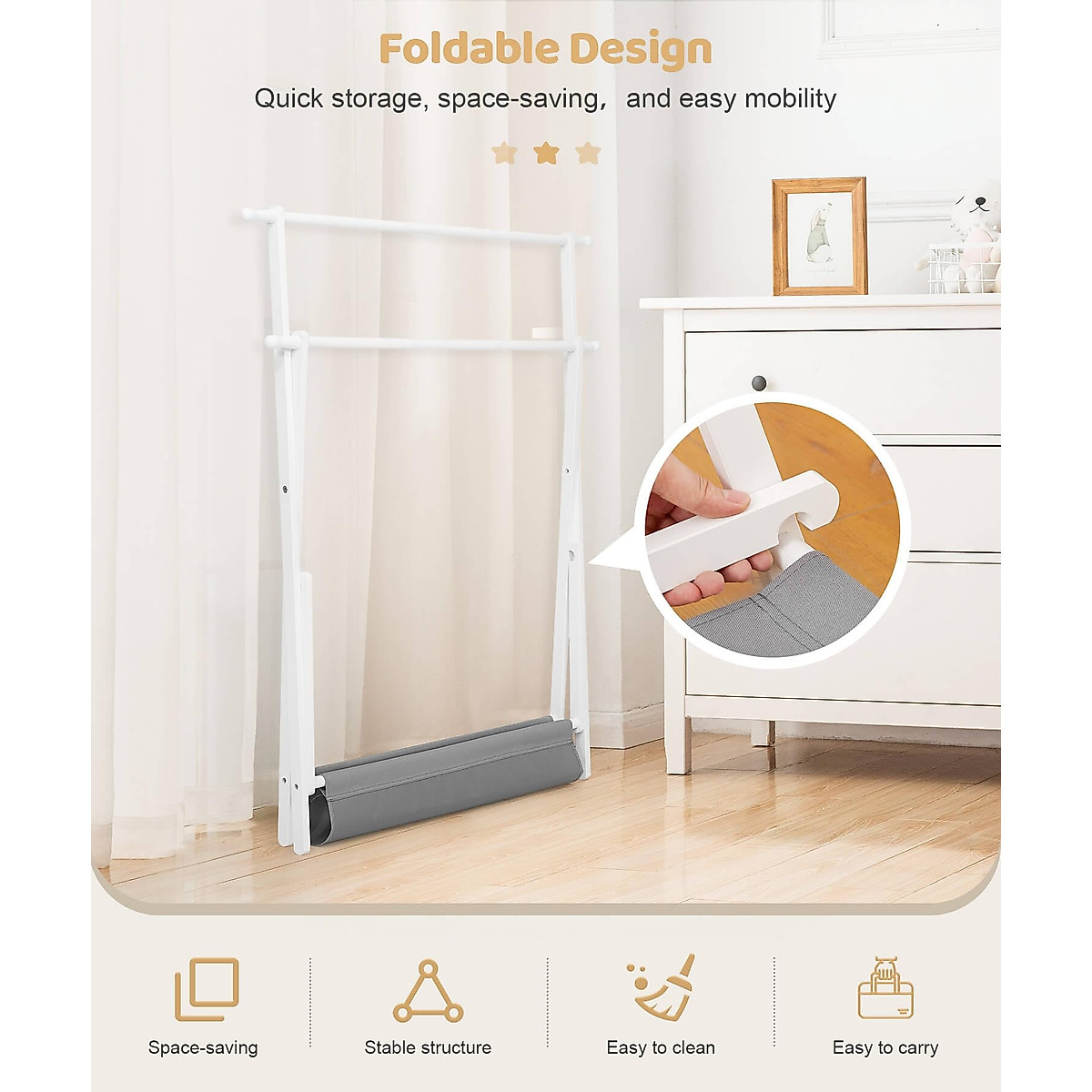 Cozivolife Kids Clothing Rack with 2 Hanging Rods and 4 Hooks, Kids Dress Up Rack with Bottom Storage Shelf, Child Garment Rack, Small and Foldable, Bamboo (White)