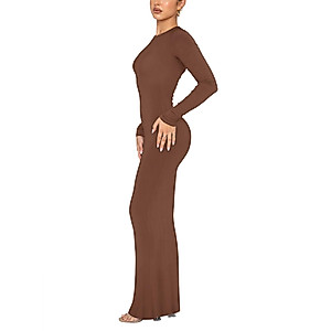 REORIA Women's Sexy Casual Crew Neck Lounge Slimming Long Dress Elegant Wedding Guest Long Sleeve Ribbed Bodycon Maxi Dresses Coffee Small