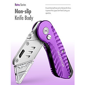FantastiCAR Folding Utility Knife, Sturdy Metal Box Cutter with Extra 5 Blades, Quick Blade Change, and Preminium Gift Packaging, for Cardboard Opener, Paper Cutter (Retro Purple)