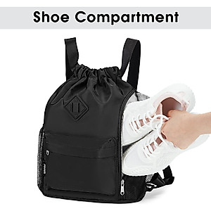 WANDF Drawstring Backpack Sports Gym Bag with Shoes Compartment, Water-Resistant String Backpack Cinch for Women Men (Small,Black)