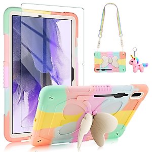 for Galaxy Tab S8 Plus Case for Galaxy Tab S7 FE Case with Screen Protector Butterfly Stand Strap Dolls Pencil Holder Hard Cover Kids Girls for Galaxy Tab S8+ 2022/S7 FE 2021/S7+2020 12.4''-Pink