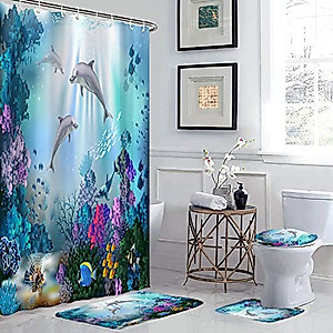 GRIEKOWE 4 Pcs Dolphin Shower Curtain Sets with Non-Slip Rugs, Toilet Lid Cover and Bath Mat, Underwater Algaes Coral Reefs Sunbeam Tropical Fish Shower Curtain with 12 Hooks, 72"x72"
