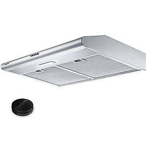 AMZCHEF Under Cabinet Range Hood 30 Inch, 250CFM Stainless Steel Kitchen Stove Vent Hood 3 Speed Exhaust Fan Button Control LED lights Dishwasher-Safe Aluminum Filters with Charcoal Filter