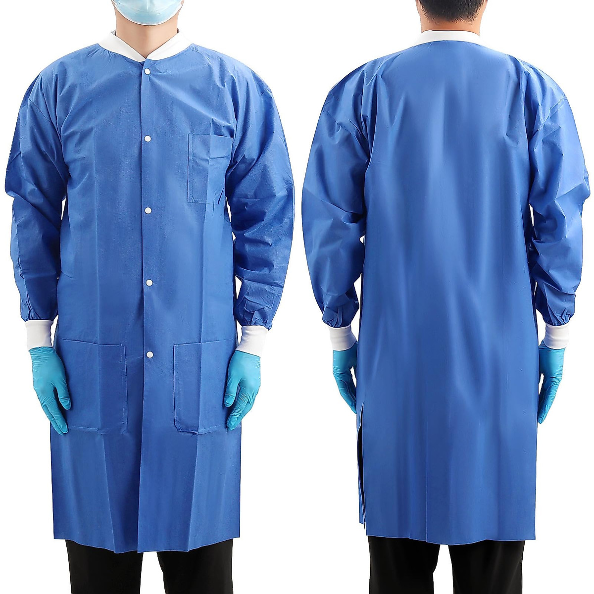 JMU 10 Pack Disposable Lab Coats for Adult Large, SMS Medical Lab Jacket Knee Length with Knit Cuff & Collar, 3 Pockets