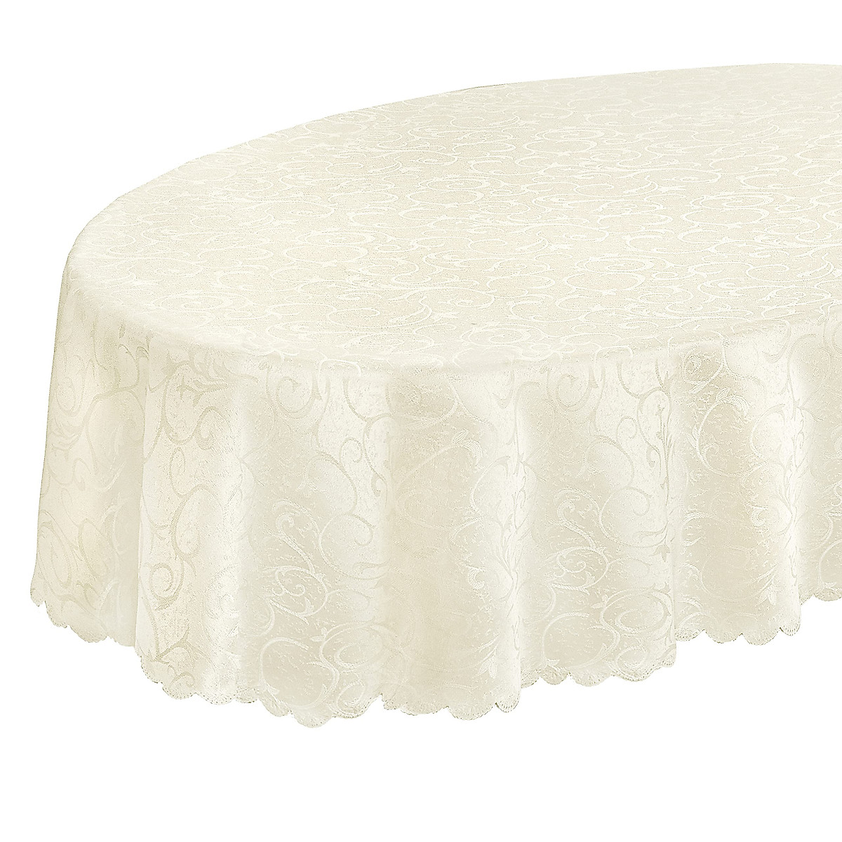 Newbridge Portofino Scalloped Damask Fabric Tablecloth, Wrinkle and Stain Resistant Fine Dining and Holiday Tablecloth, 60 Inch x 84 Inch Oval, Ivory