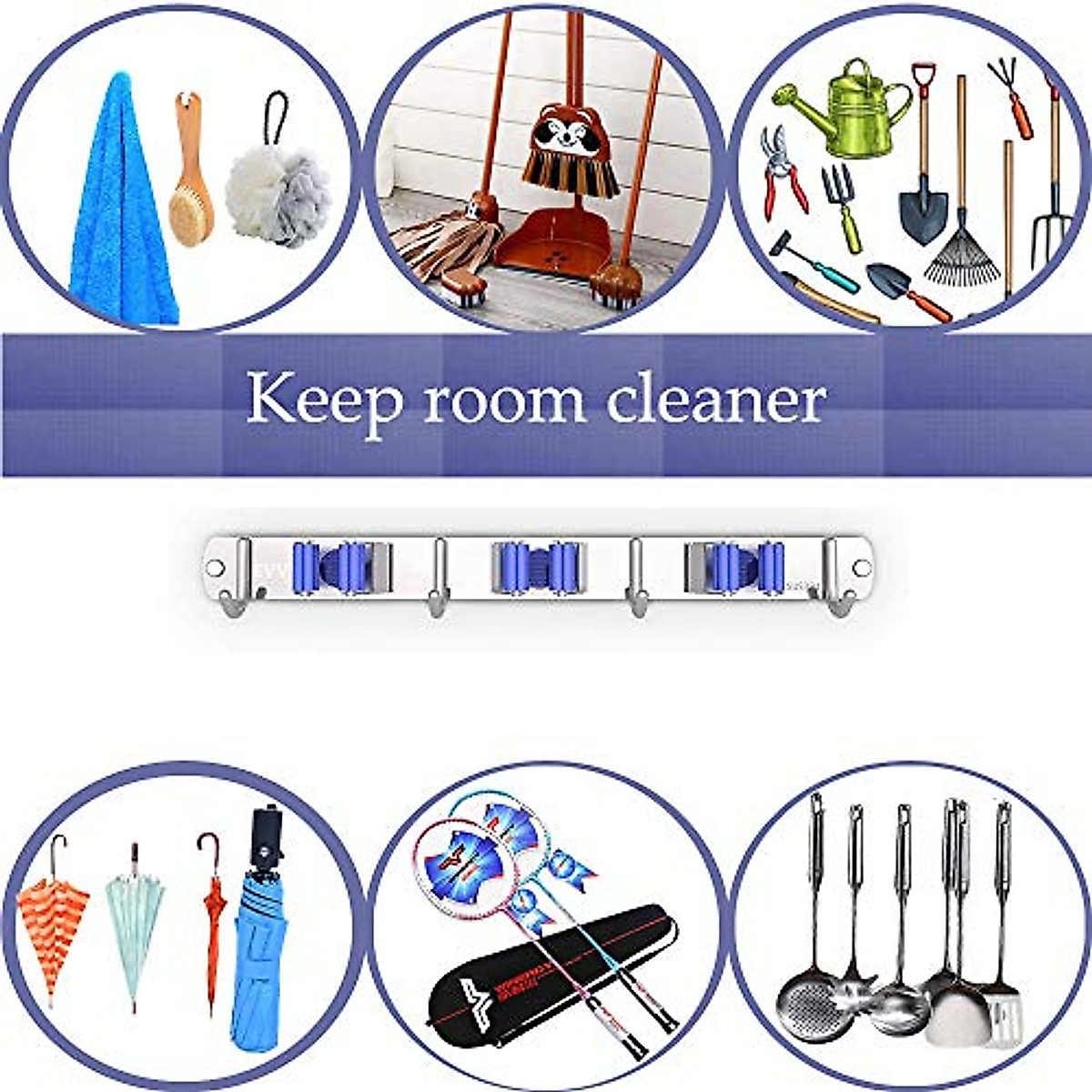 EVV Broom Holder Wall Mount 2 Packs Broom Holder Organizer with 3 Utility Racks 4 Hooks,Broom Mop Hanger,Organizer,Holder, Hooks,Storage for Laundry Room Garden Garage Closet Kitchen