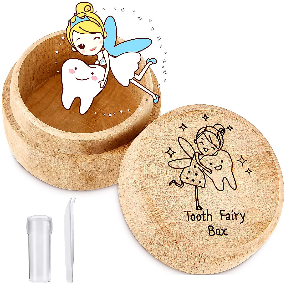 Tooth Fairy Box for Boys and Girls Wooden Baby Teeth Fairy Holder for Kids Tooth Storage and Saver Box Toothfairy Keepsake Organizer with Bottle and Tweezers for Lost Teeth Baby Shower Birthday Gift