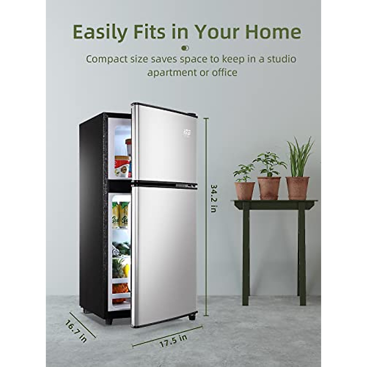 KRIB BLING 3.5 Cu.ft Compact Refrigerators with Freezer, Mini Fridge with 7 Level Temp Adjustable Thermostat, Small Fridge for Apartment, Office, Basement, Silver