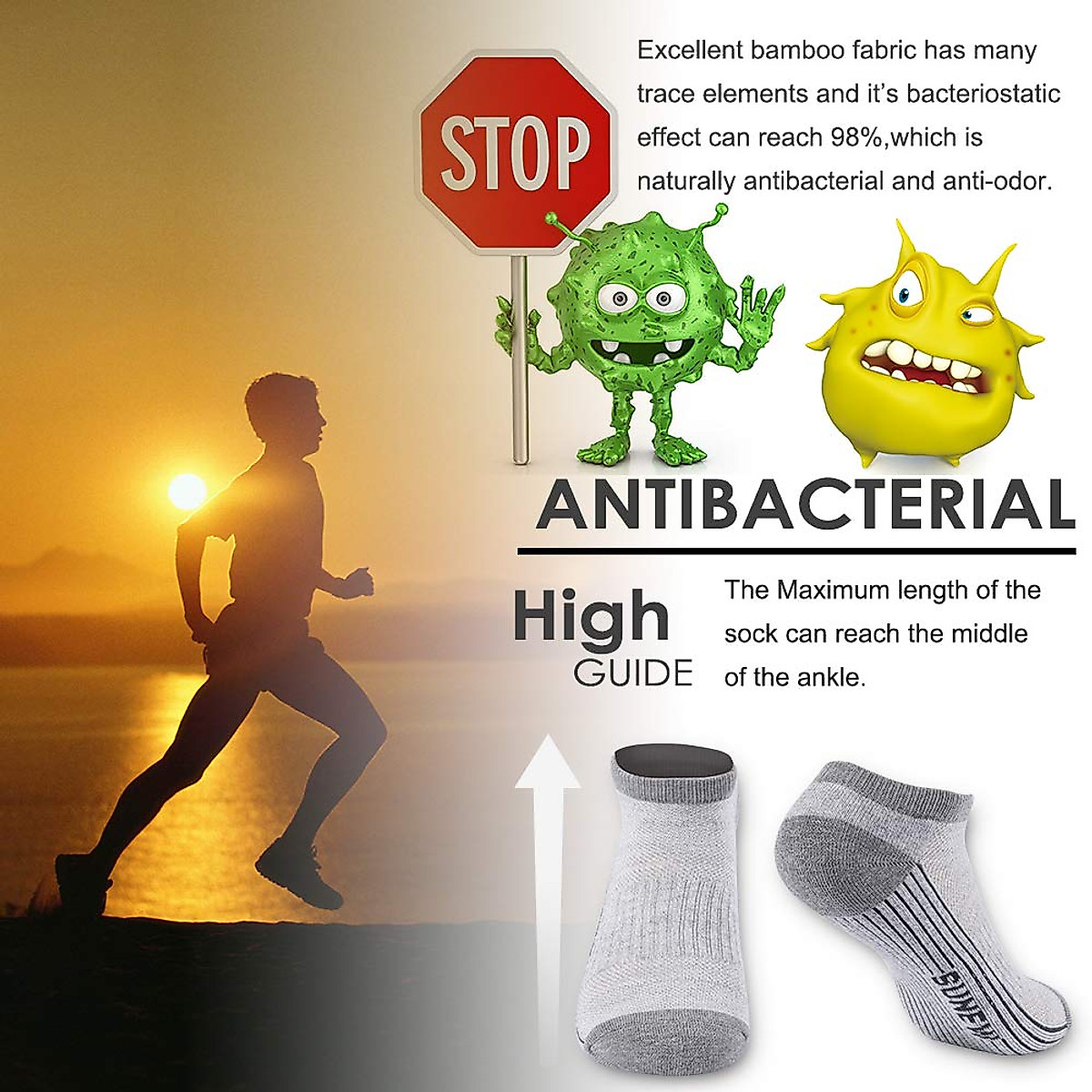 Sunew Golf Bamboo Socks Women,Ankle Wicking No Blister Cushioned Hiking Trekking Ankle Breathable Comfort Tennis Low Cut Socks with Arch Support 6 Pack Gray M