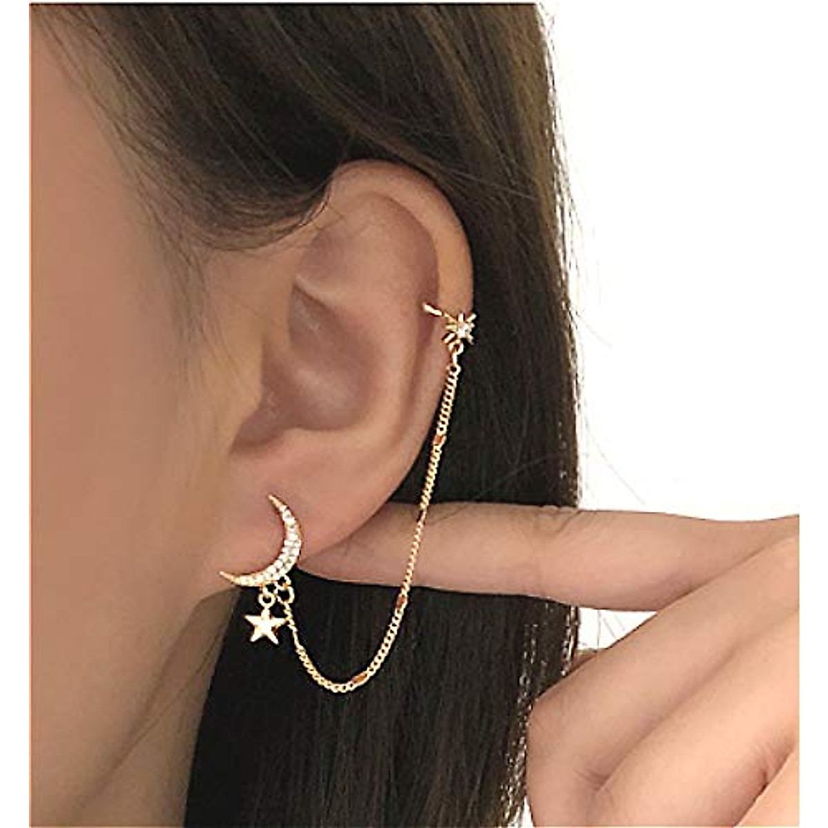 Sither Women Earring with Cuff Chain for Girls Ear Clips Ear Wraps Cuff Earrings Dangle Earrings Helix Cartilage Clip On Christmas Jewelry Gift for Her(1 Piece)